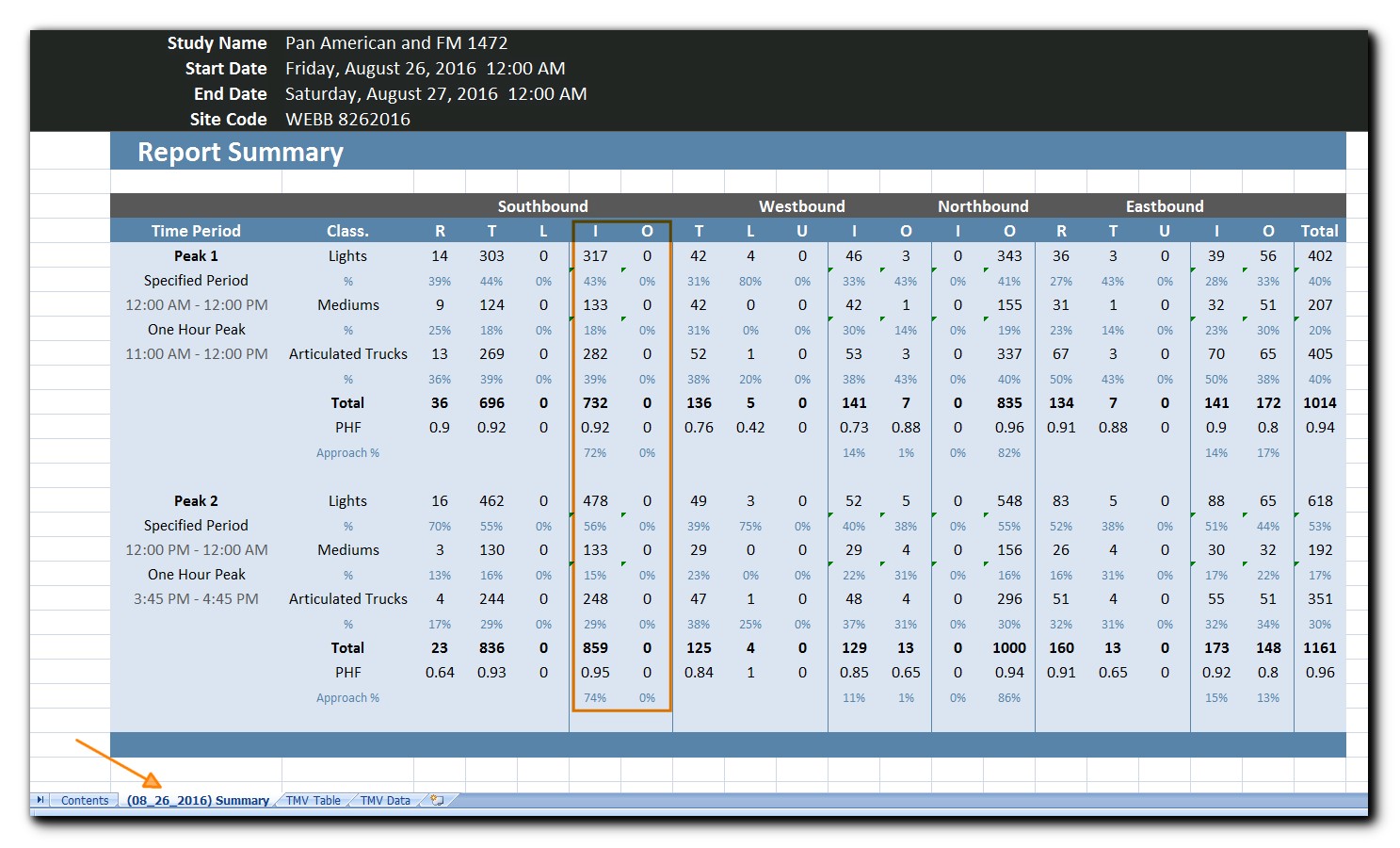 What are the I & O Values in the Excel 2007 Report?